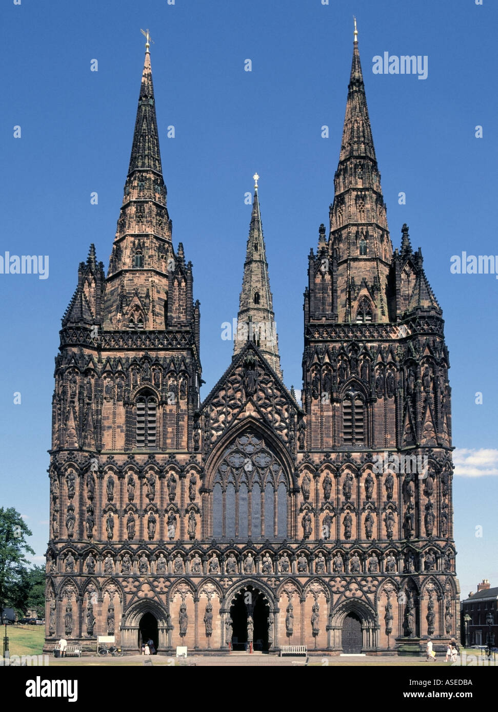 Close up of The three spires & West Front of historical medieval ...