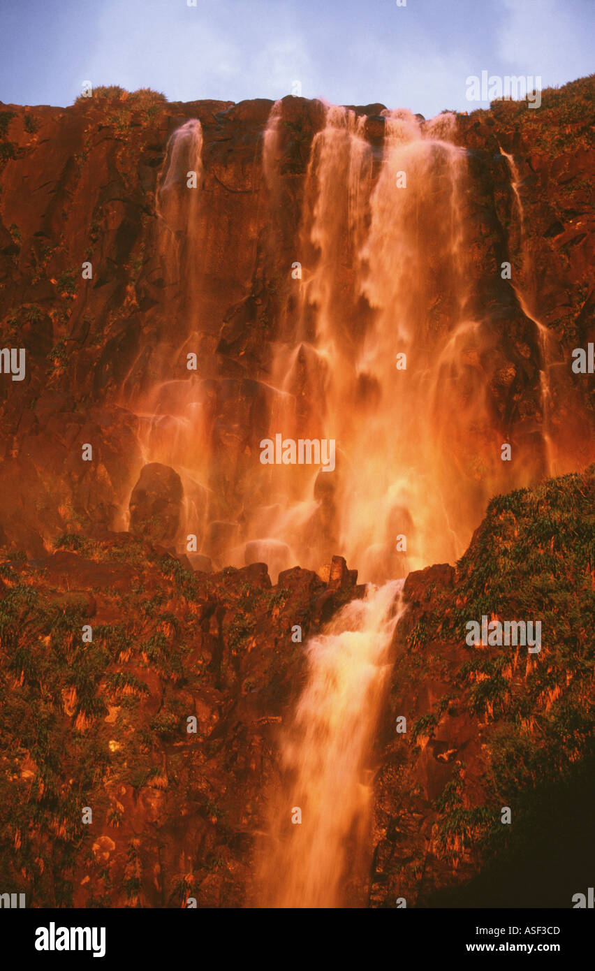 Wairere Falls at sunset a 153 metre high waterfall falling in two ...
