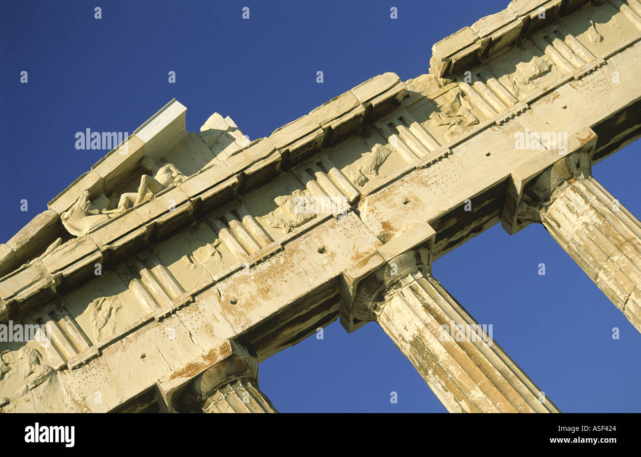 marking and statues on the roof wall of the parthenon at the acropolis ...