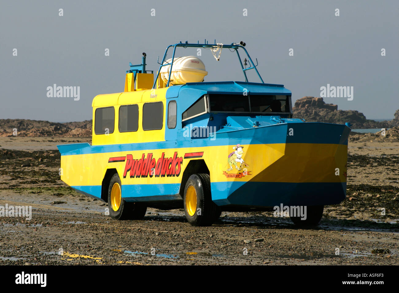 Amphibious vehicle taking tourists to Elizabeth castle at low tide St ...