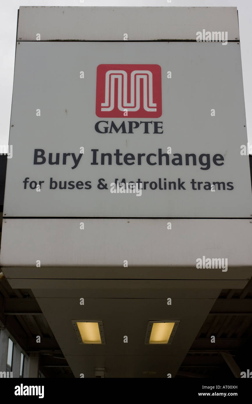 A sign at the Bury interchange for buses and metrolink tram to ...