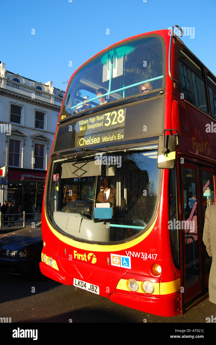Modern double-decker bus, Kensington, London, England, United Kingdom ...