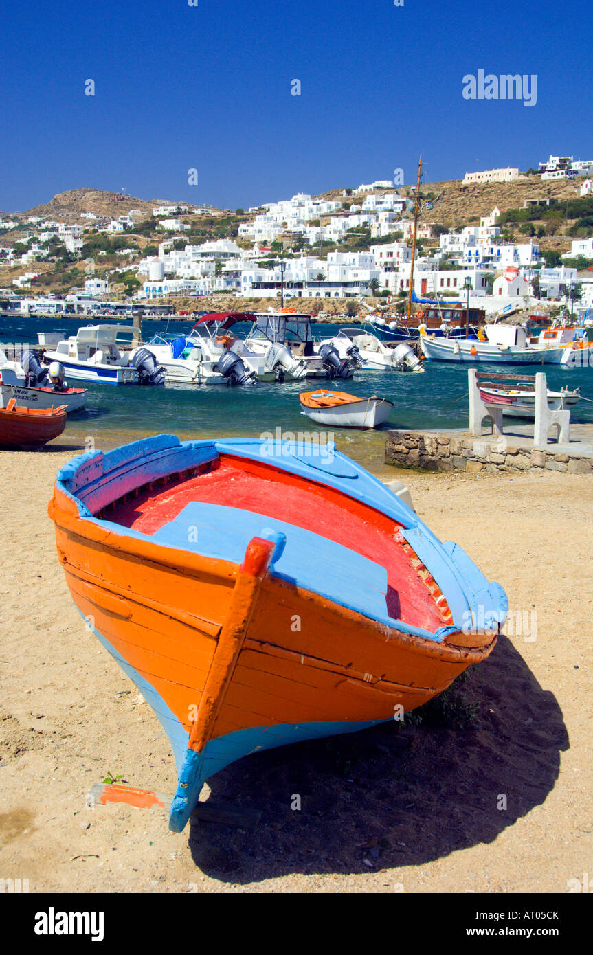 The port of Hora with colorful fishing boats on the Greek Island of ...