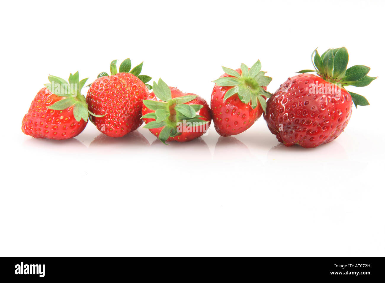 five strawberries in a row isolated on white background with copy space ...