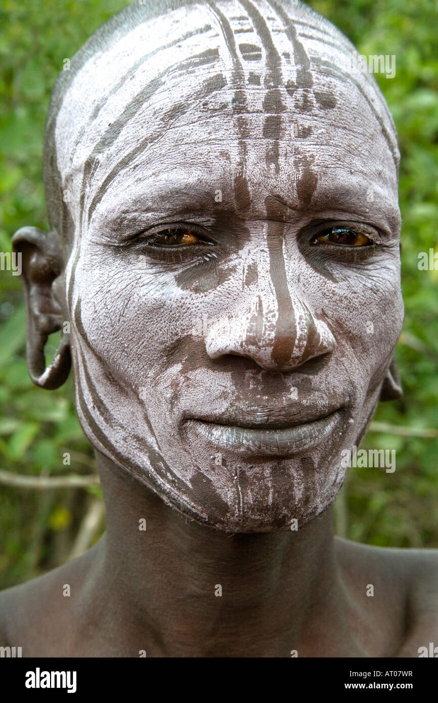 Man of the Mursi Tribe in White Clay Paint, Omo River Valley, Ethiopia ...