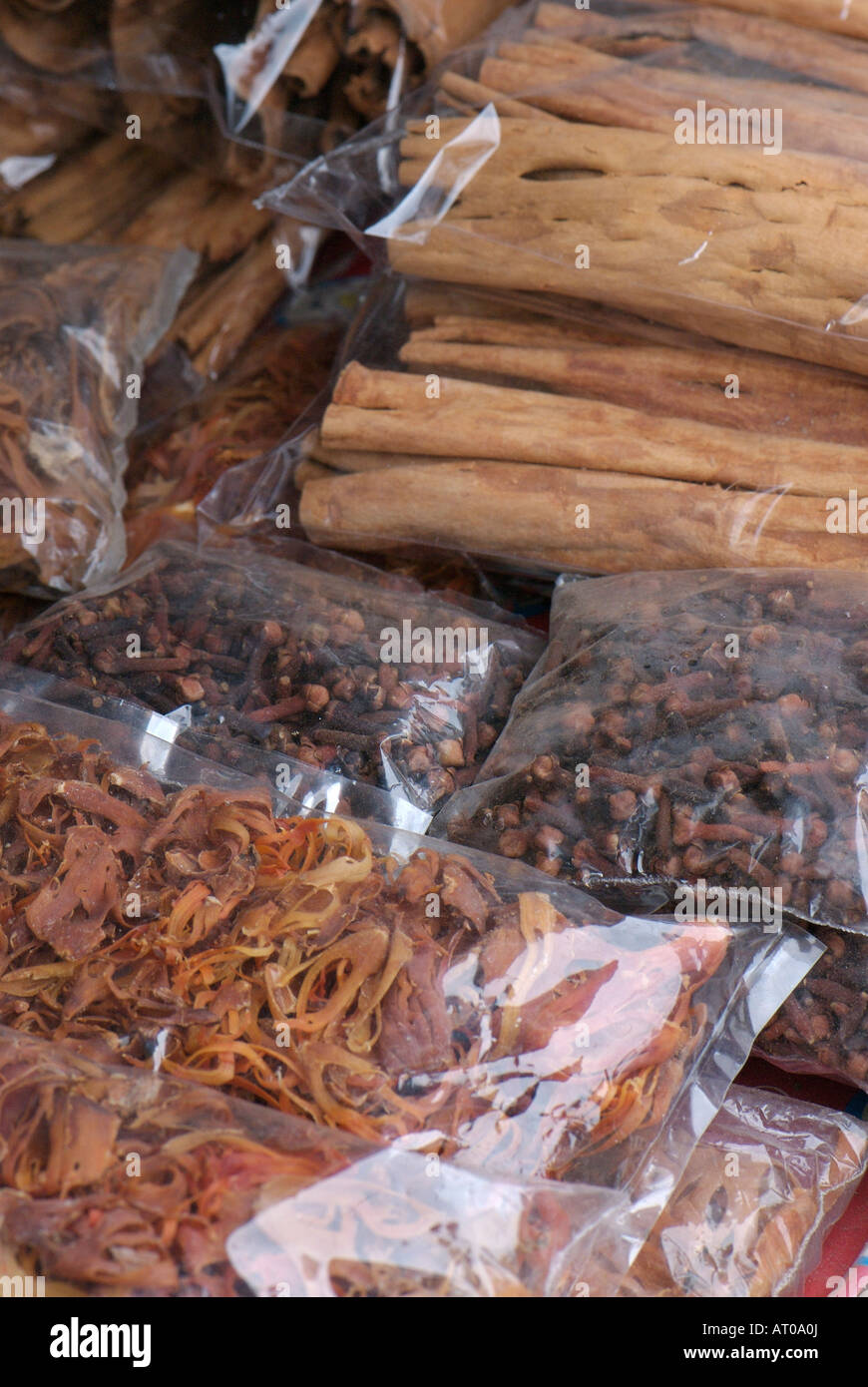 Banda Sea Banda Island Indonesia Dried spices on display in a roadside ...