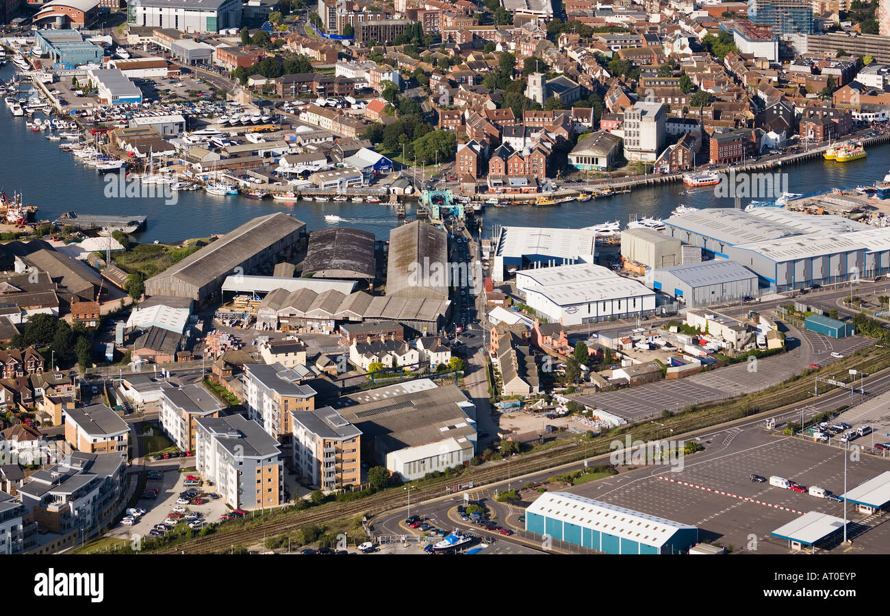 Aerial view Poole town, lifting bridge and Quay. Sunseeker boat factory ...