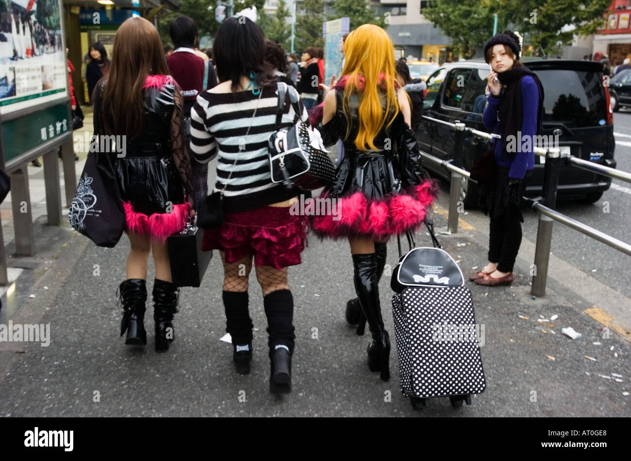 Japanese cosplay girls in bizarre clothes walking in Harajuku Tokyo ...