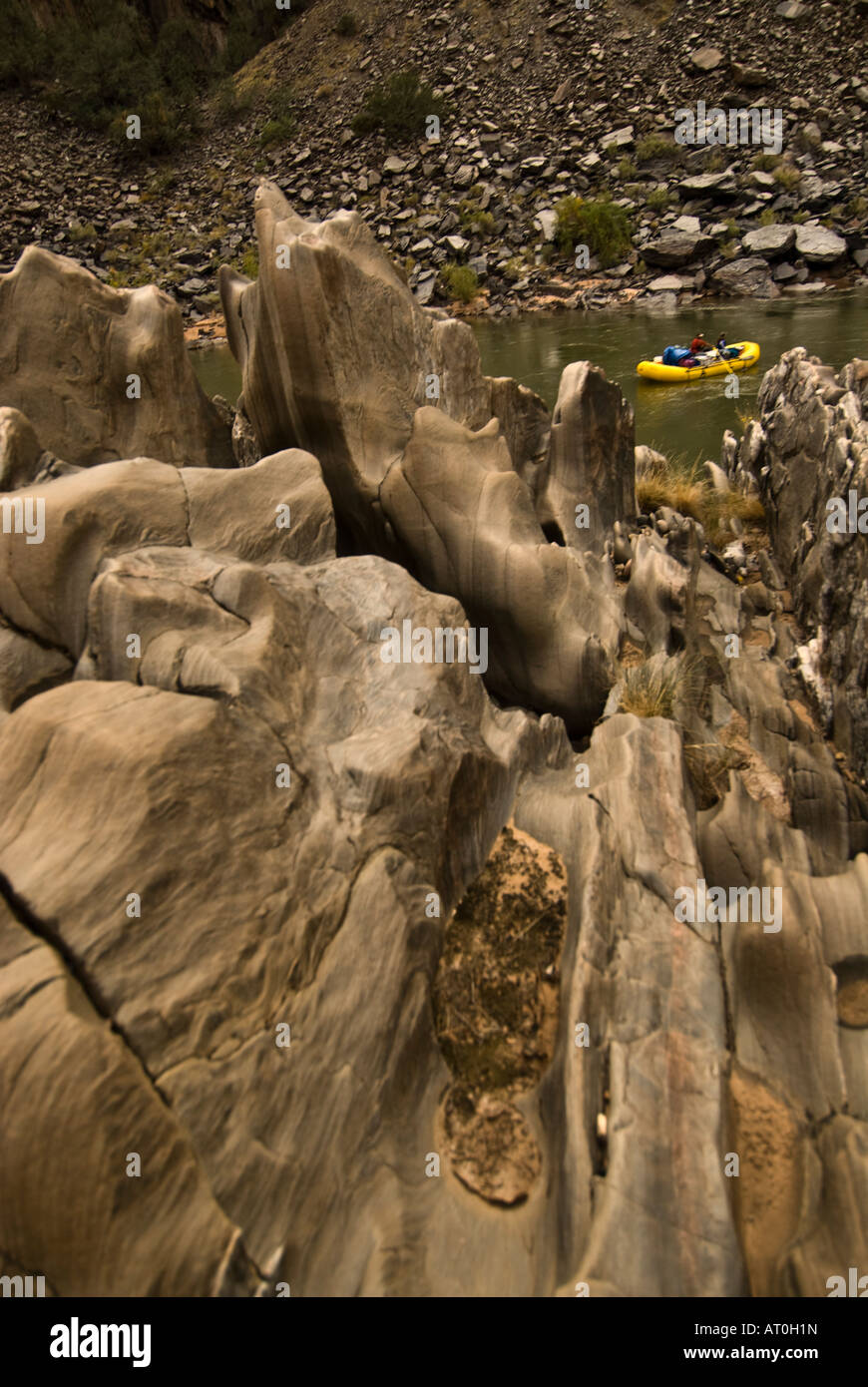 Interesting rock formations at Clear Creek with raft beyond along the ...