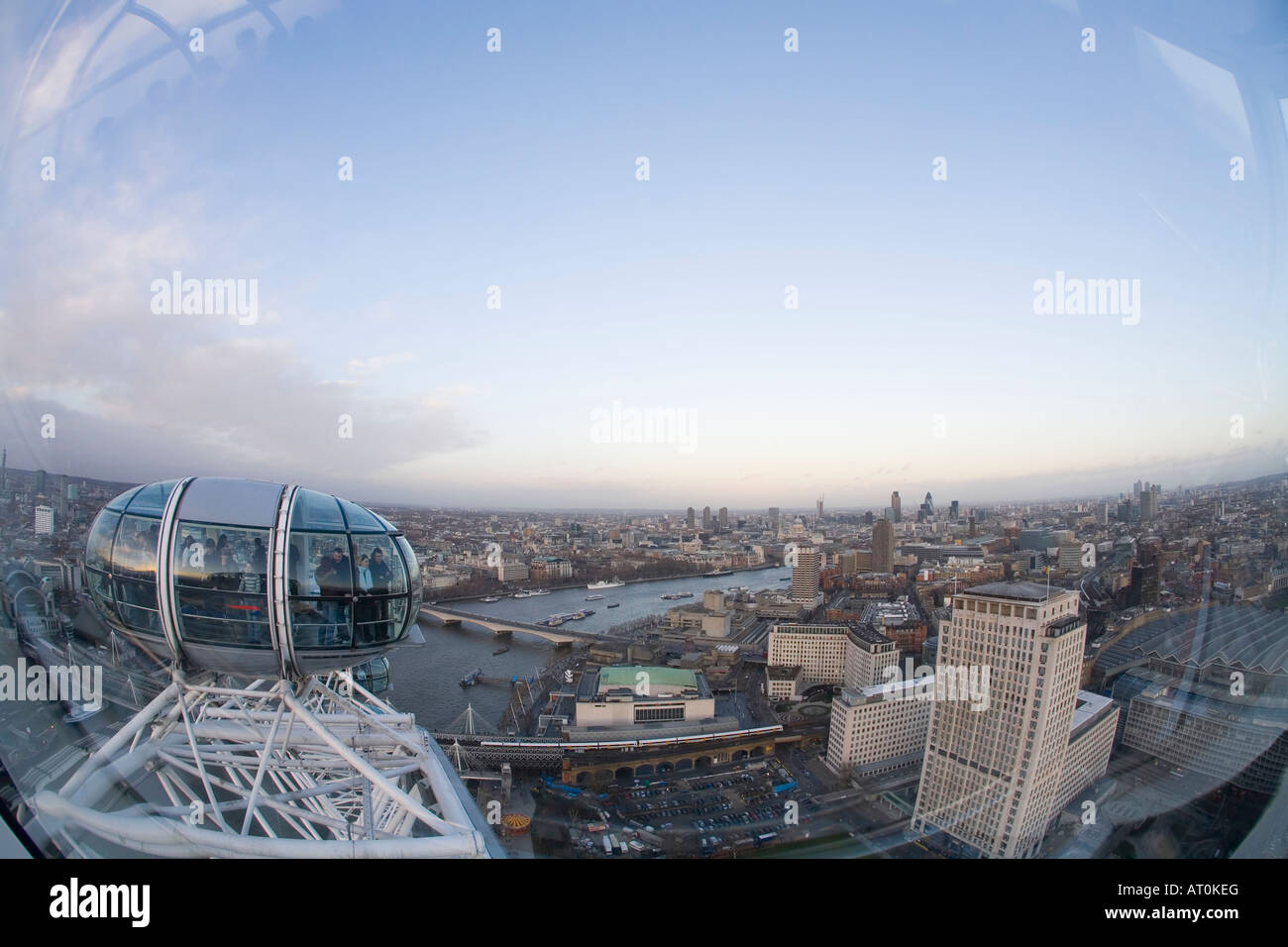 Aerial view from London Eye passenger capsule pod looking south to ...