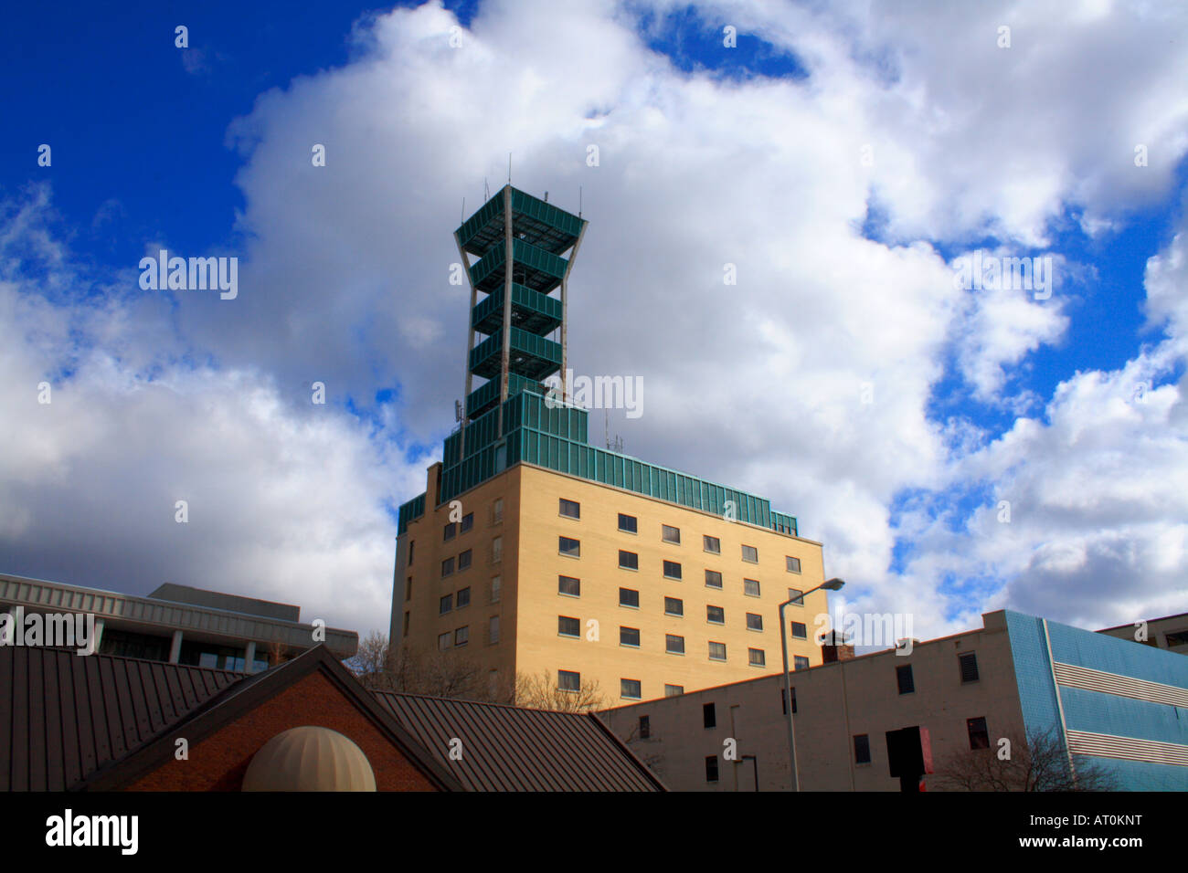 The microwave-relay tower atop a building in downtown Lincoln, Nebraska ...