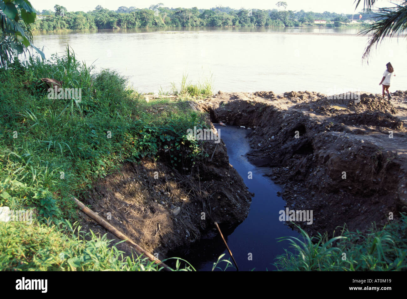 crude oil leaking into a river in the Ecuadorian Amazon rainforest ...