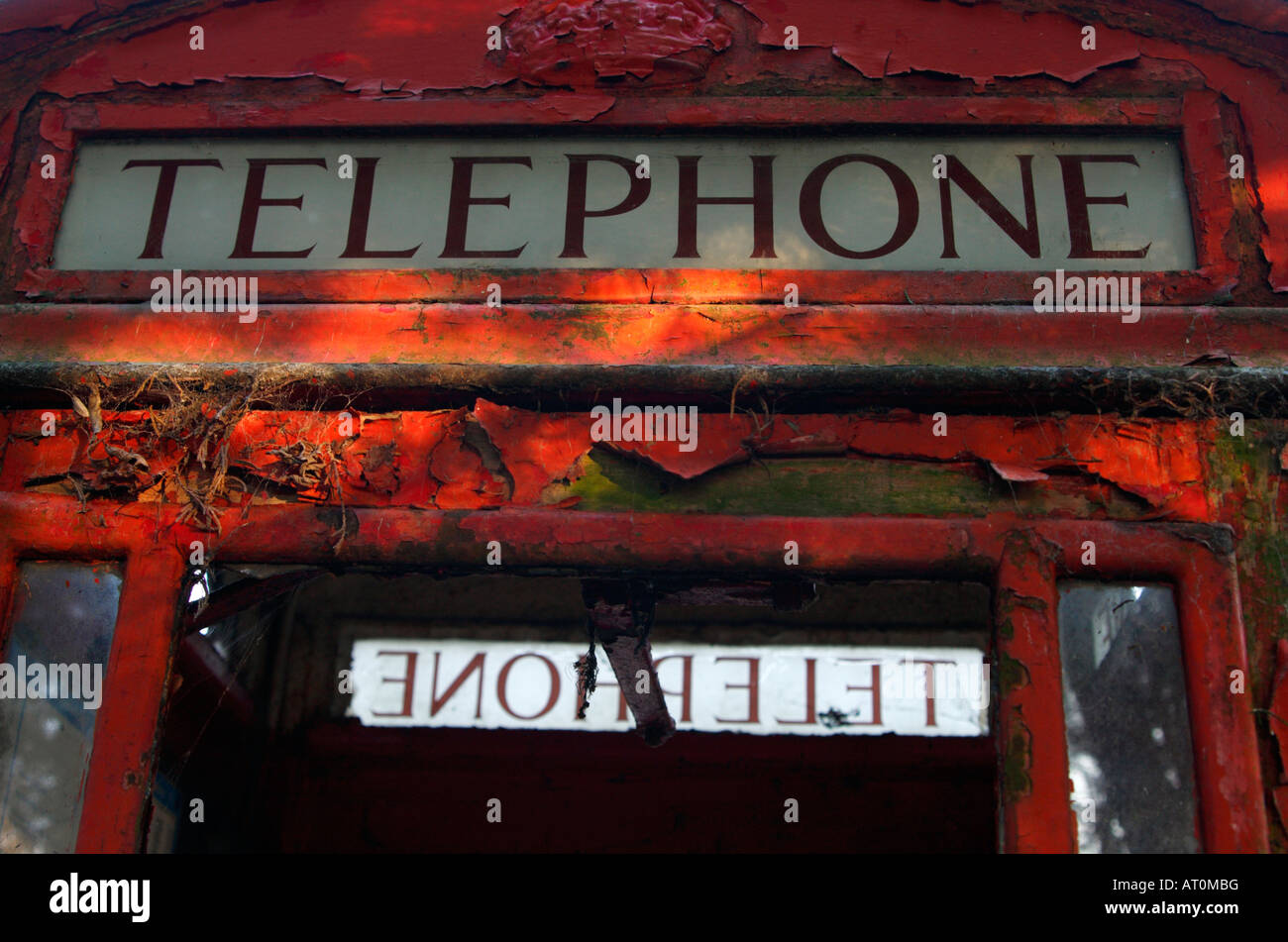 British red phone box, "close up" detail of old rusty telephone booth ...