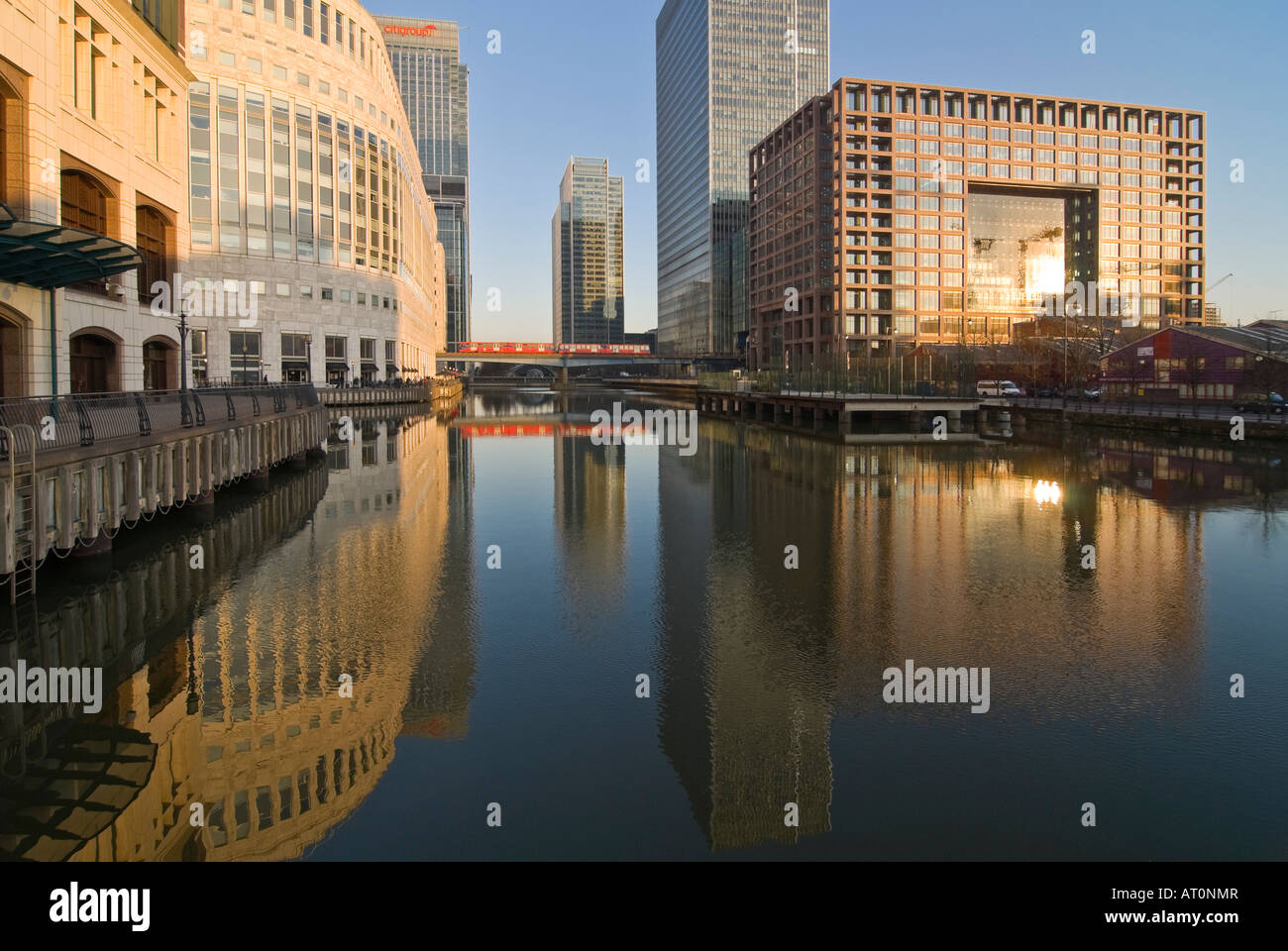 Horizontal wide angle of reflections of buildings in Middle Dock at ...