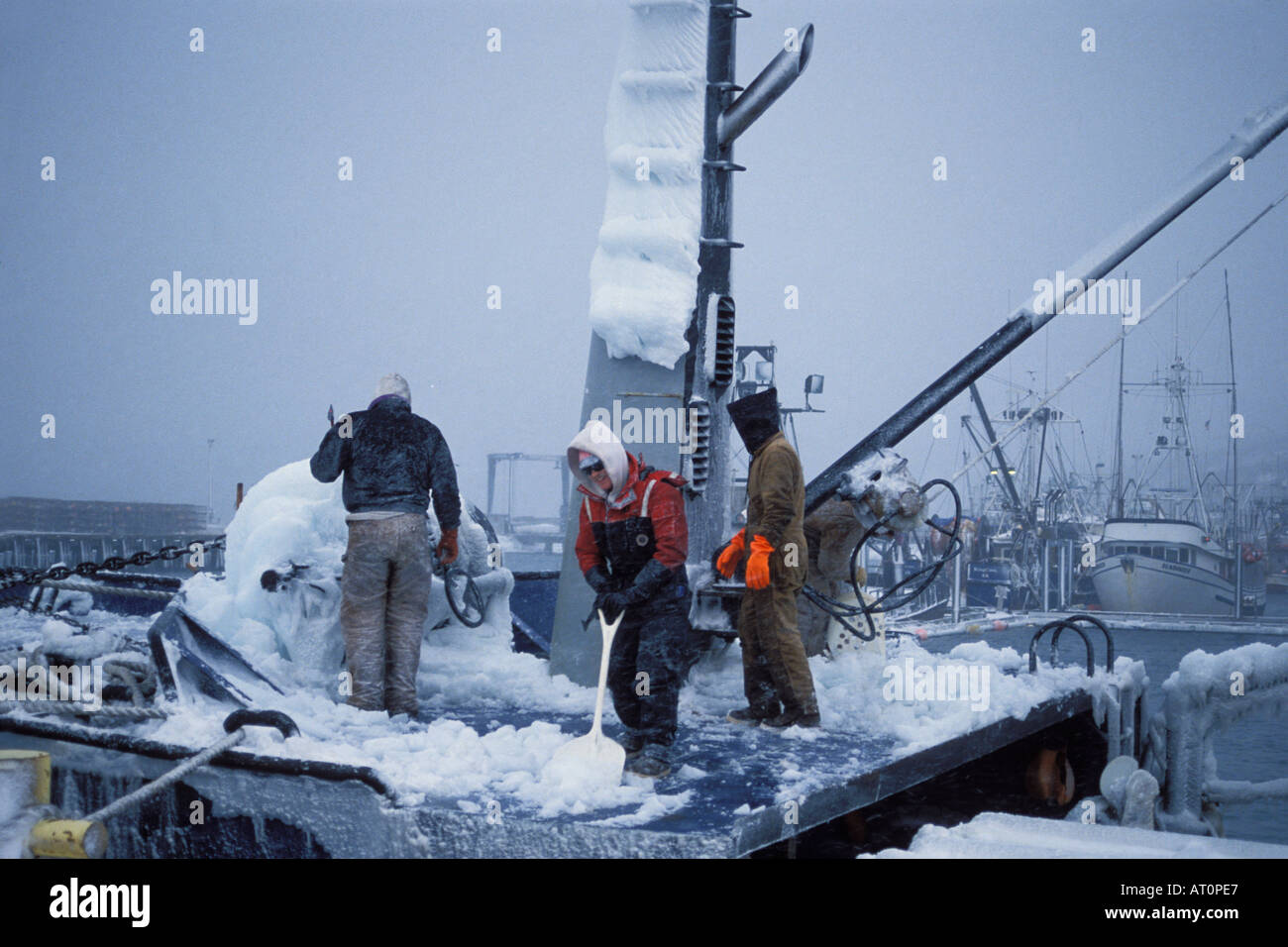crew of commercial fishing vessel at dock break ice off the boat King ...