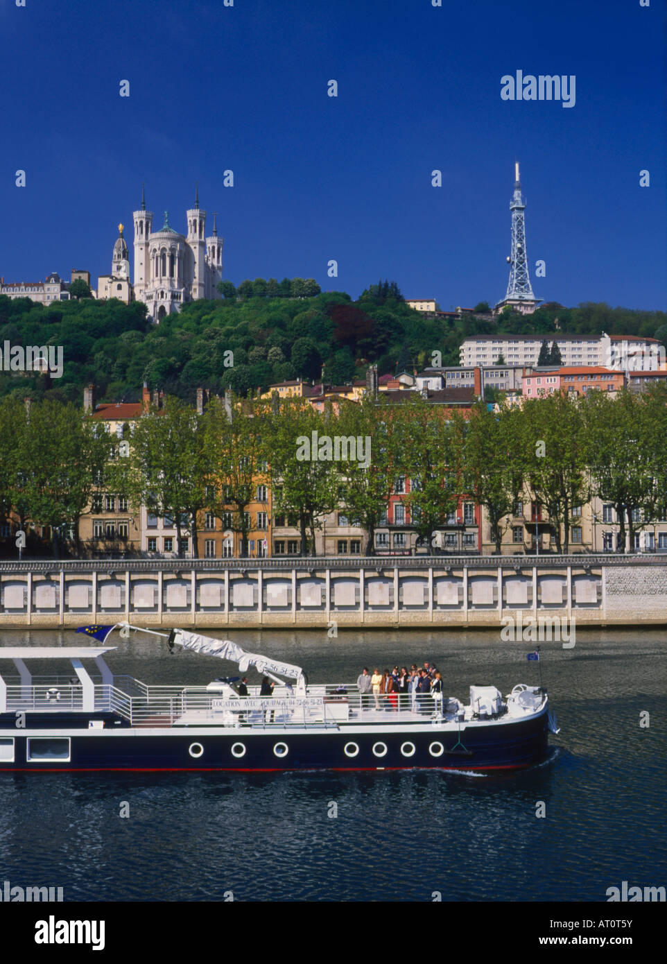 Lyon, France. River Saone. Barge / passenger boat. Basilique de Notre ...