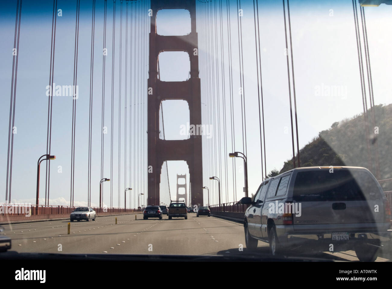 Driving across Golden Gate Bridge San Francisco California Stock Photo ...