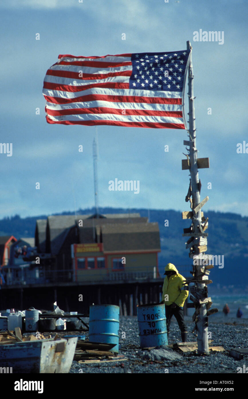 American Flag waving over the Homer Spit commercial fishing industry ...
