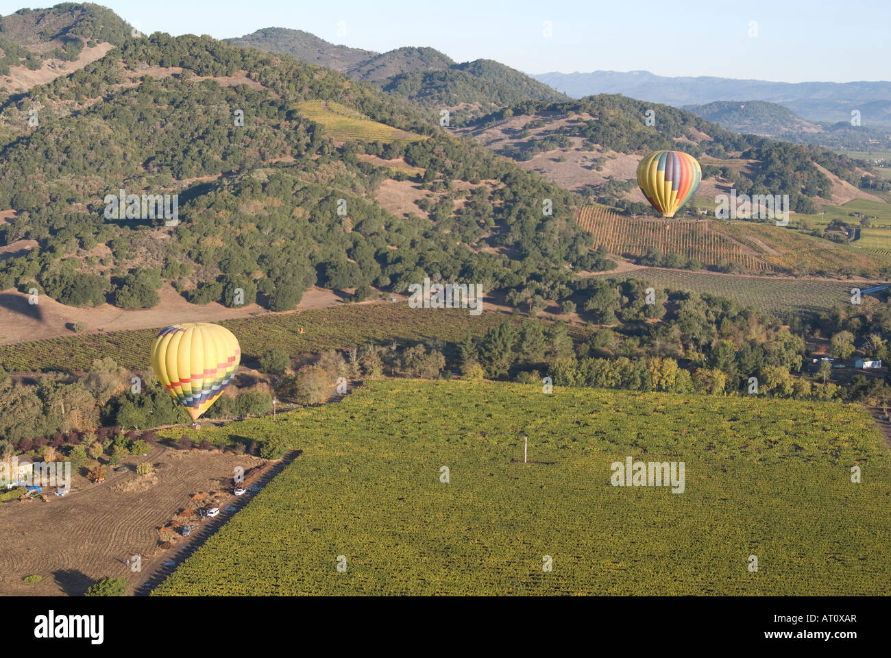 Hot air balloon flies above Napa Valley California Stock Photo - Alamy