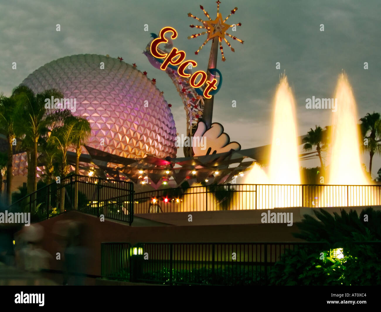Epcot geodesic dome Spaceship Earth with fountains at night Stock Photo ...