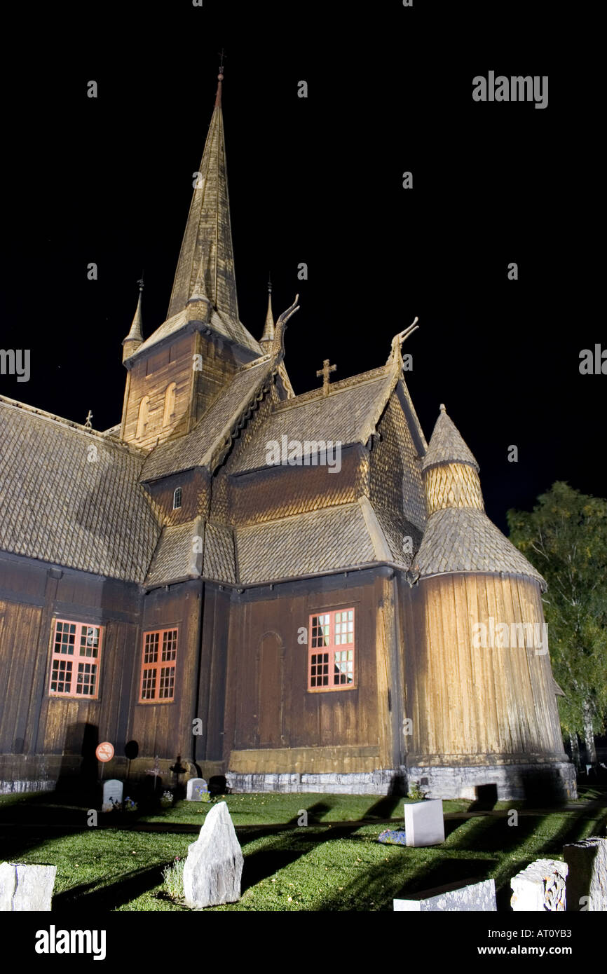 Lom stave church and churchyard by night, Norway Stock Photo - Alamy