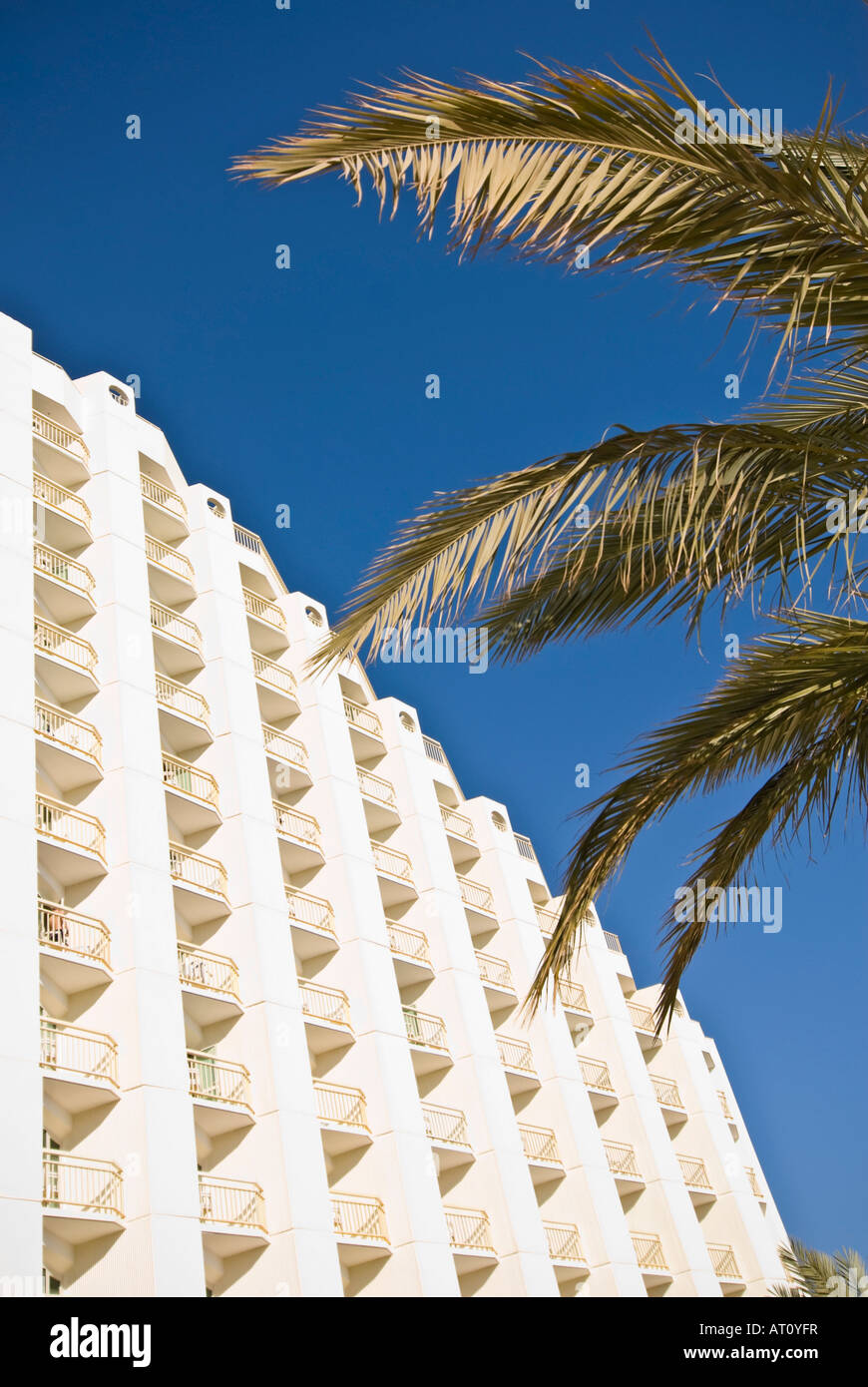 Vertical wide angle of the front elevation of a white hotel and a palm ...