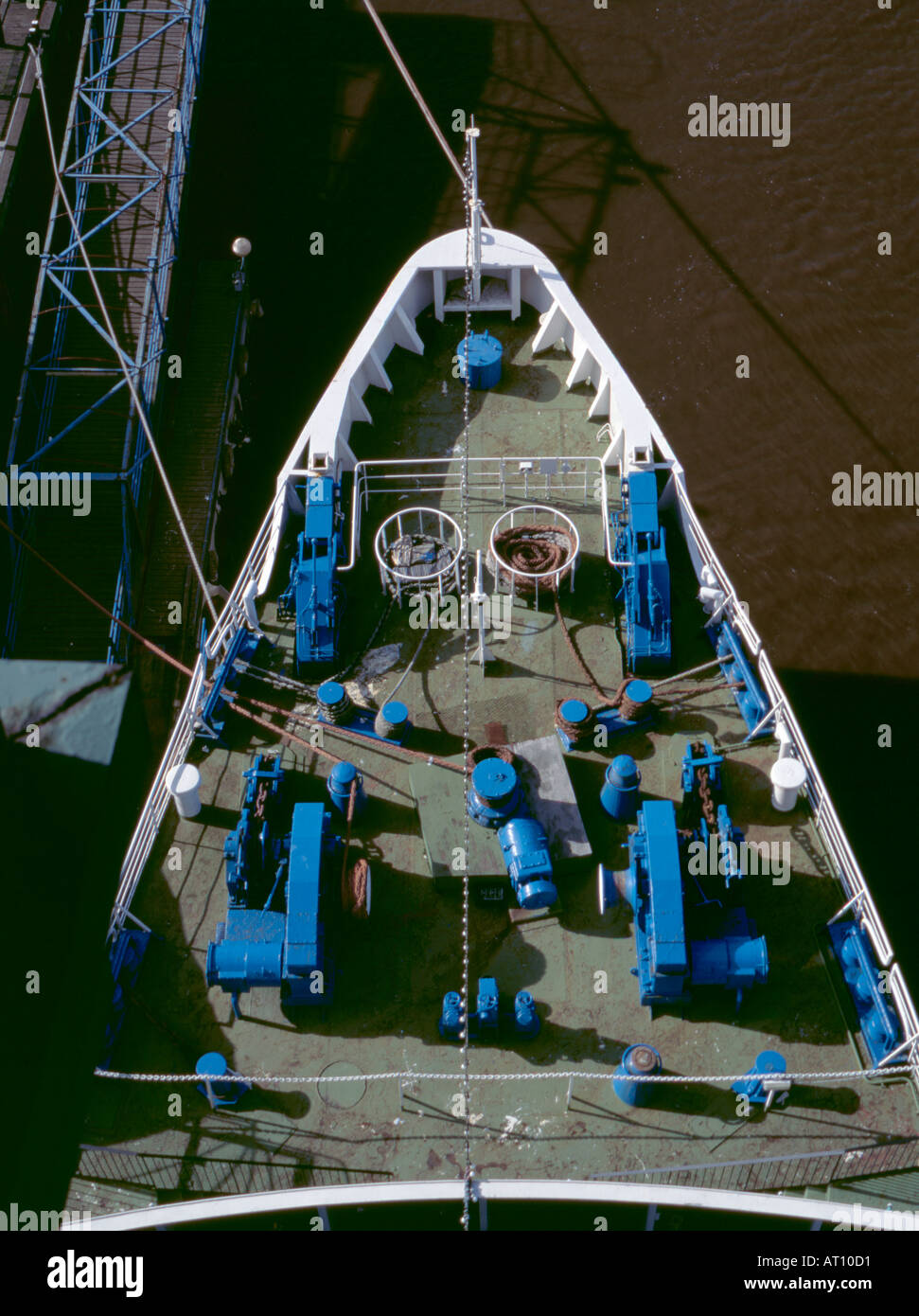 Bow deck of a medium sized ship showing the array of winches, capstans ...