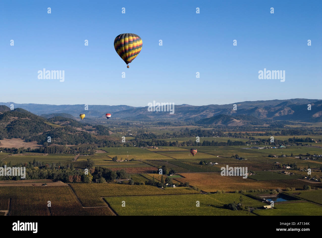 Hot air balloon flies above Napa Valley California Stock Photo - Alamy