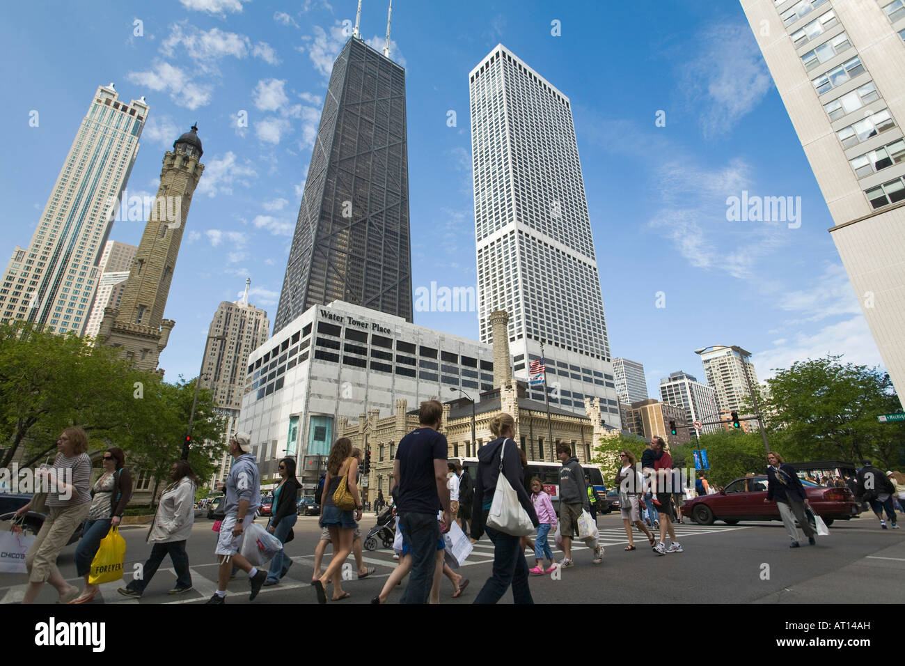 ILLINOIS Chicago People in crosswalk Michigan Avenue and Chicago Avenue ...