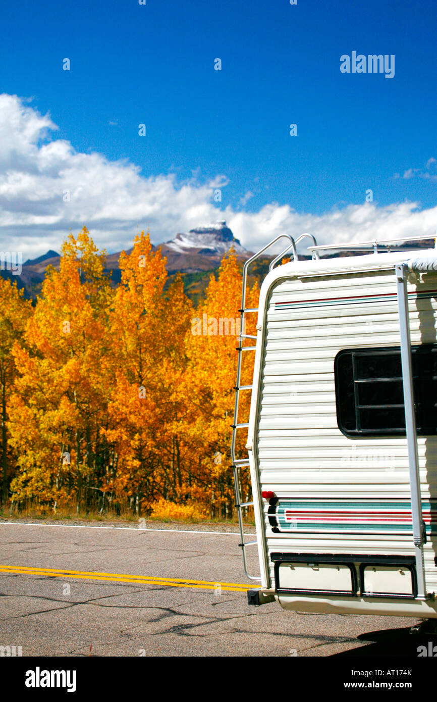 5th wheel RV crossing Slumgullion Pass on Highway 149 Uncompahgre peak ...