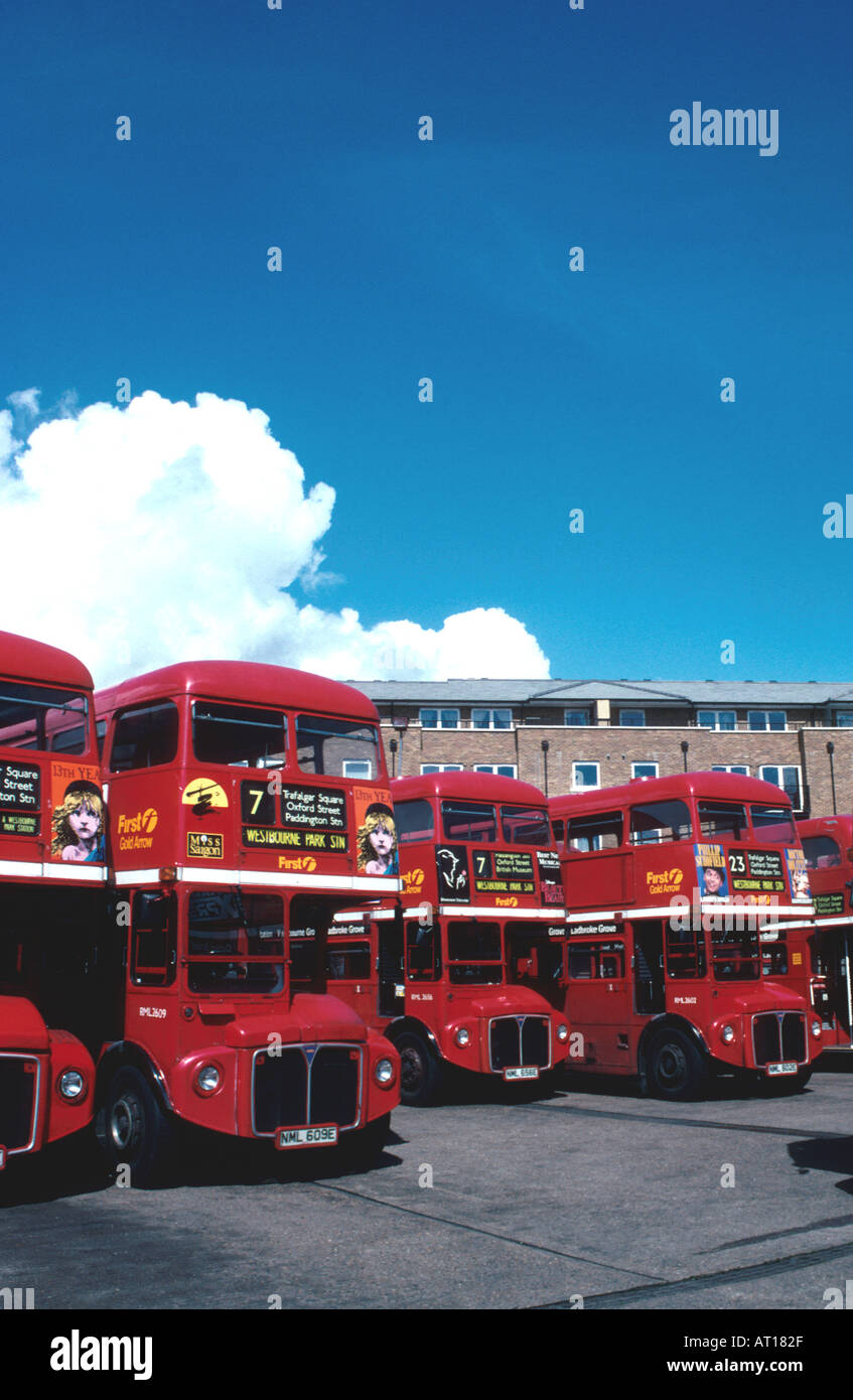 Red london double decker buses in depot Stock Photo - Alamy