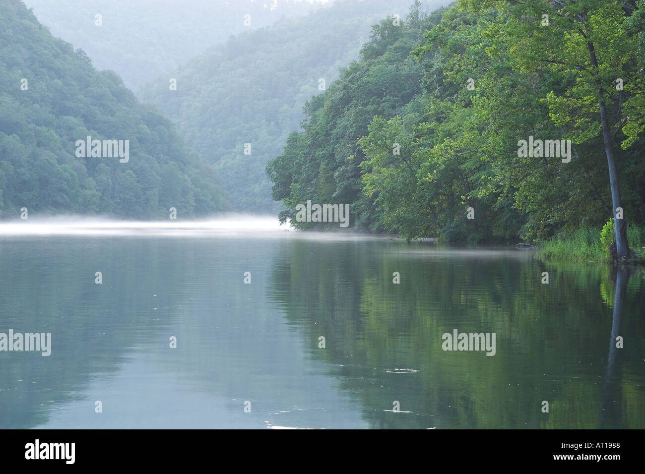 View of Little Tennessee River Forest and Mountains Shrouded in Mist ...