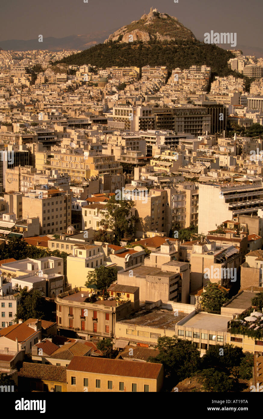 Europe, Greece, Athens, Attica. View of Plaka area and Likavitos Hill ...