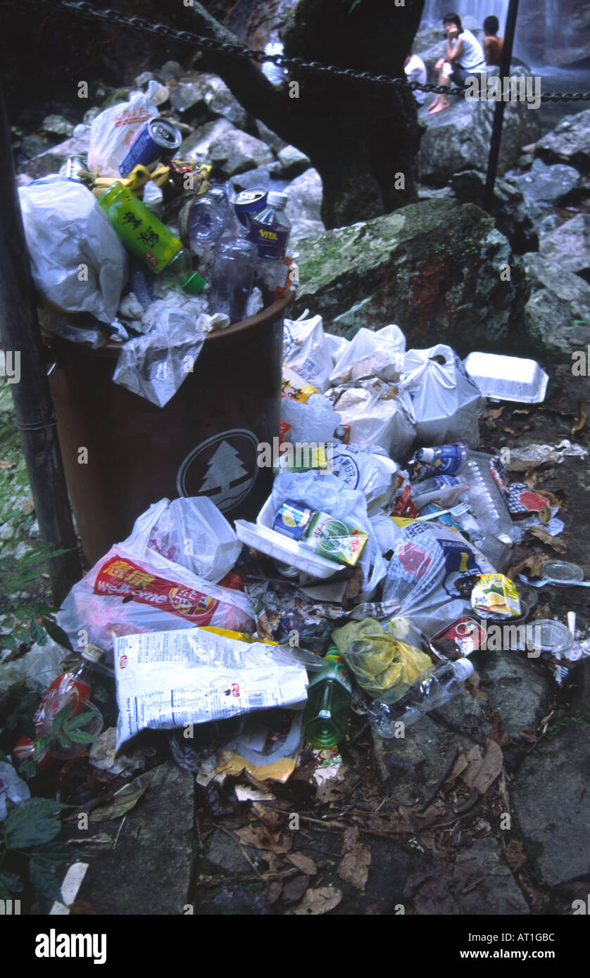 Overflowing trash can in a country park, Hong Kong, China Stock Photo ...