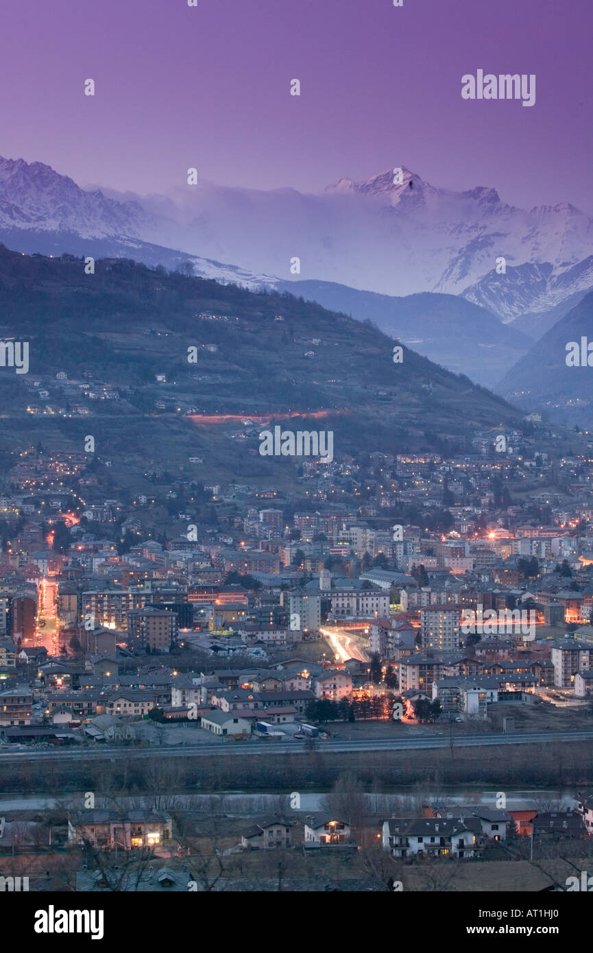 Europe, Italy, Valle d'Aosta, AOSTA: Town View with Alps from PILA Road ...