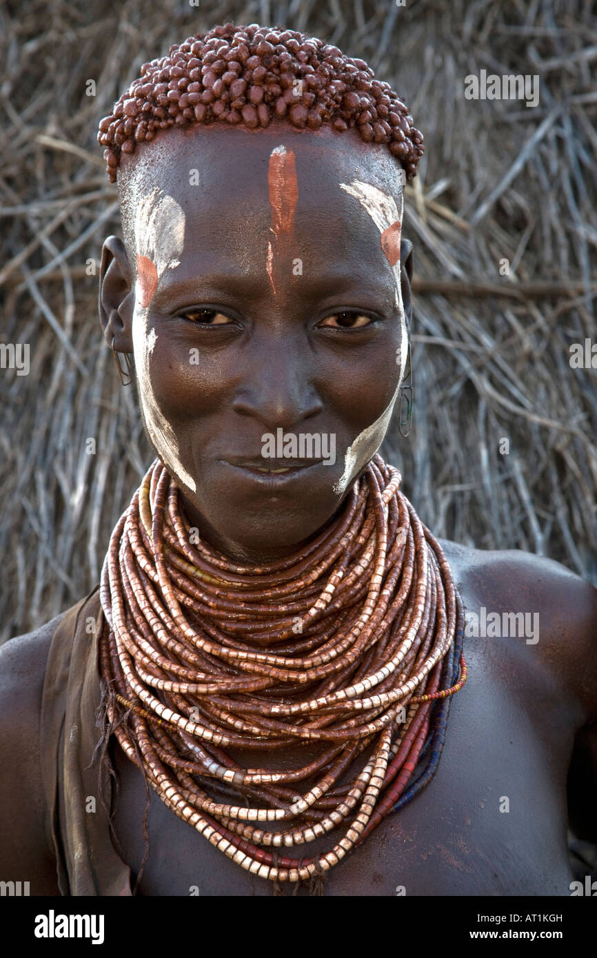 Karo Woman in Ochre Paste and White Clay and Beads, Dus, Omo River ...