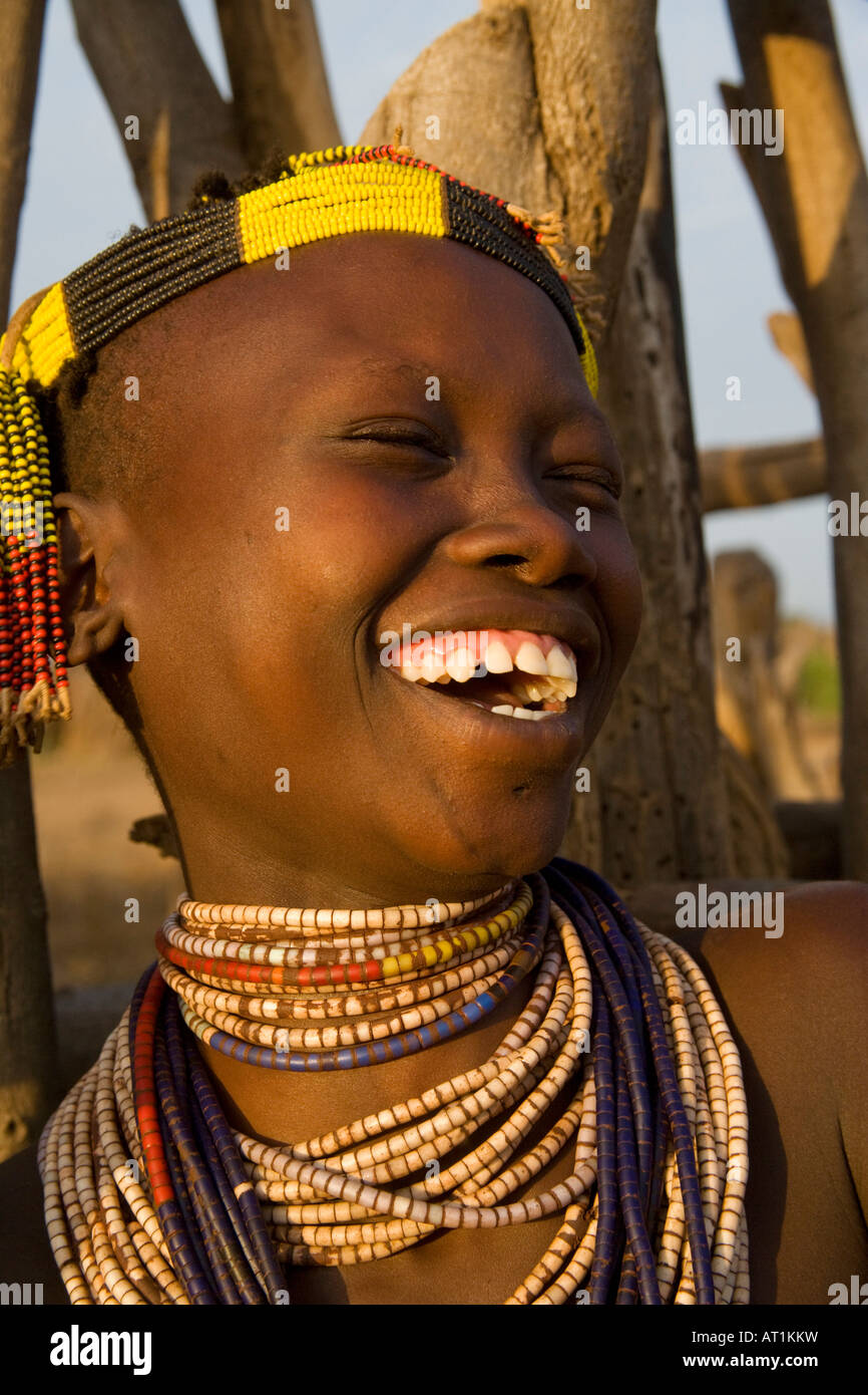 Laughing Young Woman of the Karo Tribe in Dus, Omo River Valley ...