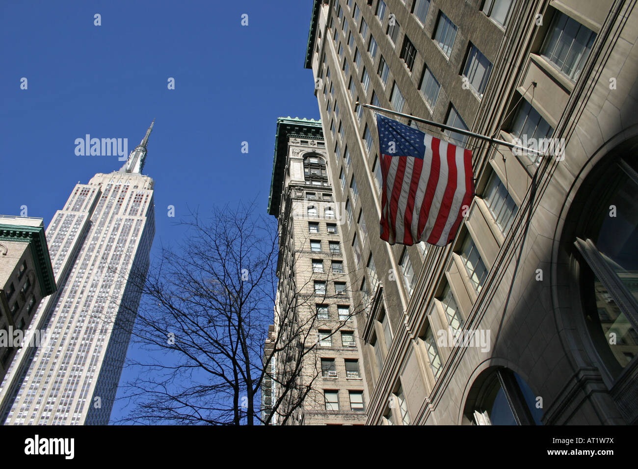 The Stars and Stripes fly alongside The Empire State Building, one of ...