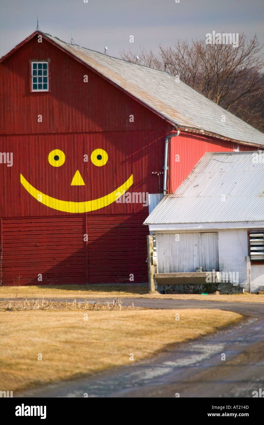 A bright red barn in Lebanon County Pennsylvania with a bright yellow ...