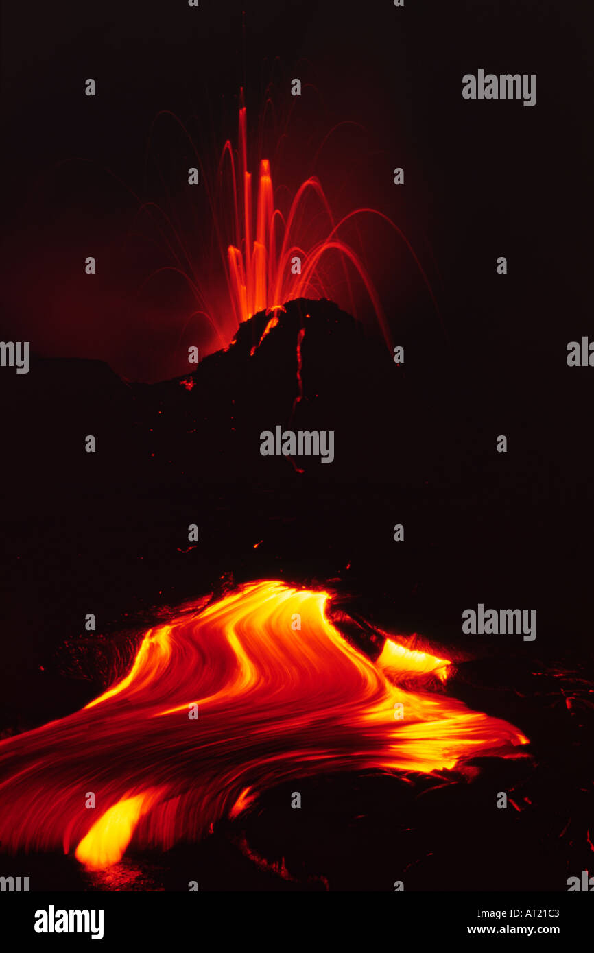 Fast moving surface flow and spatter cone Hawaii Volcanoes National ...