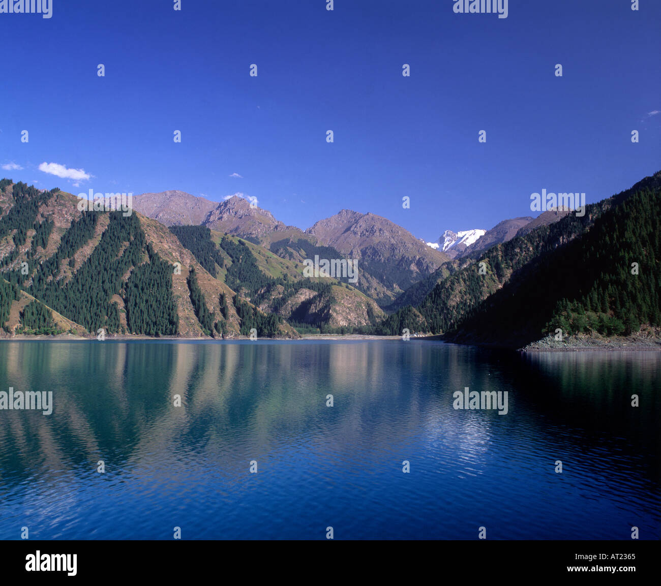 Heaven Lake in the Tianshan Mountains with Mt Bogda 5595 metres in the ...