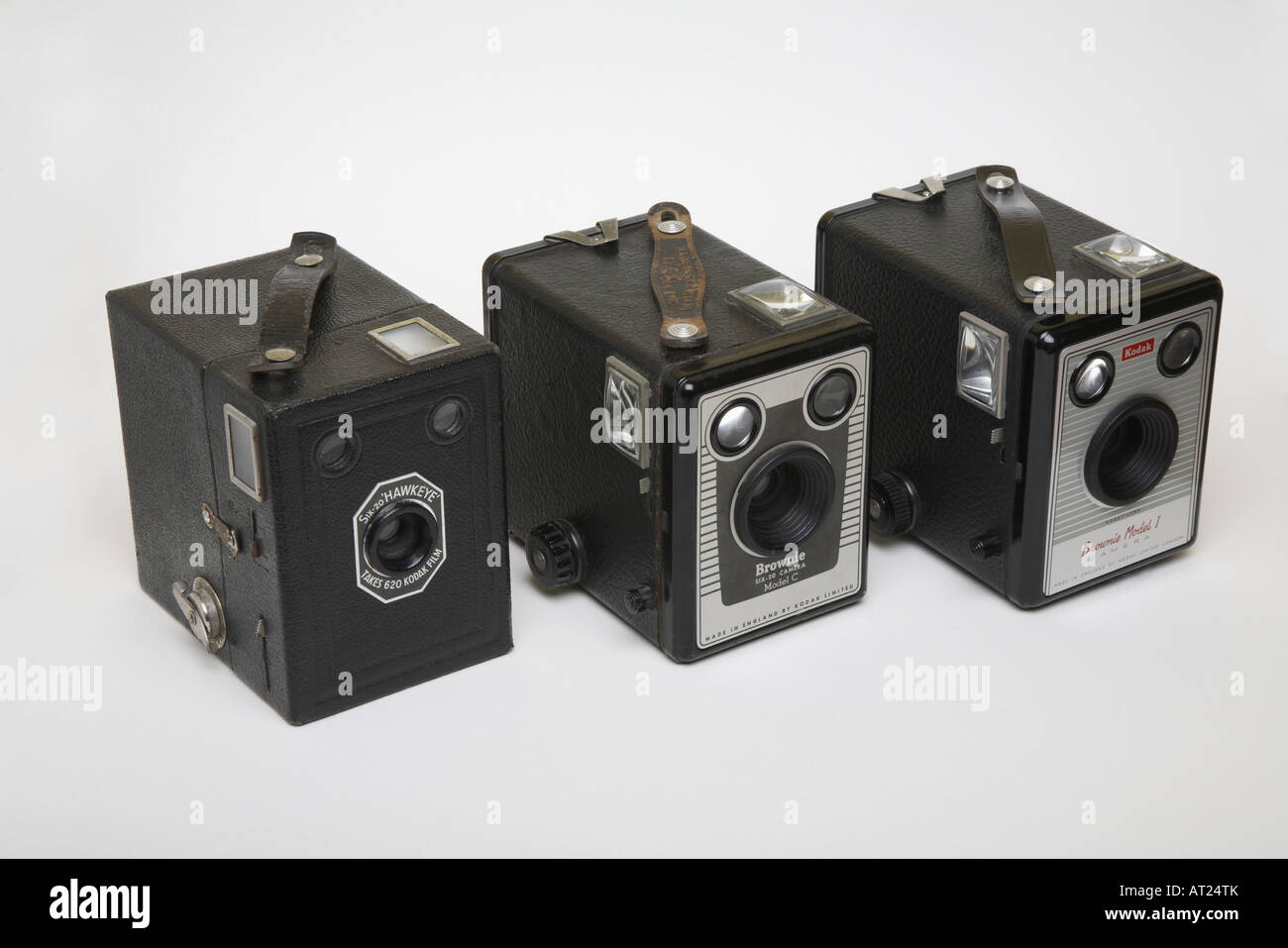Three Kodak box cameras, six-20 Hawkeye, Brownie six-20 camera model C ...