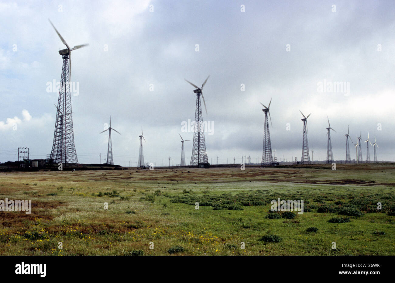 Windmills on lateritic plateau at Chalkewadi Satara Dist. Western Ghats ...