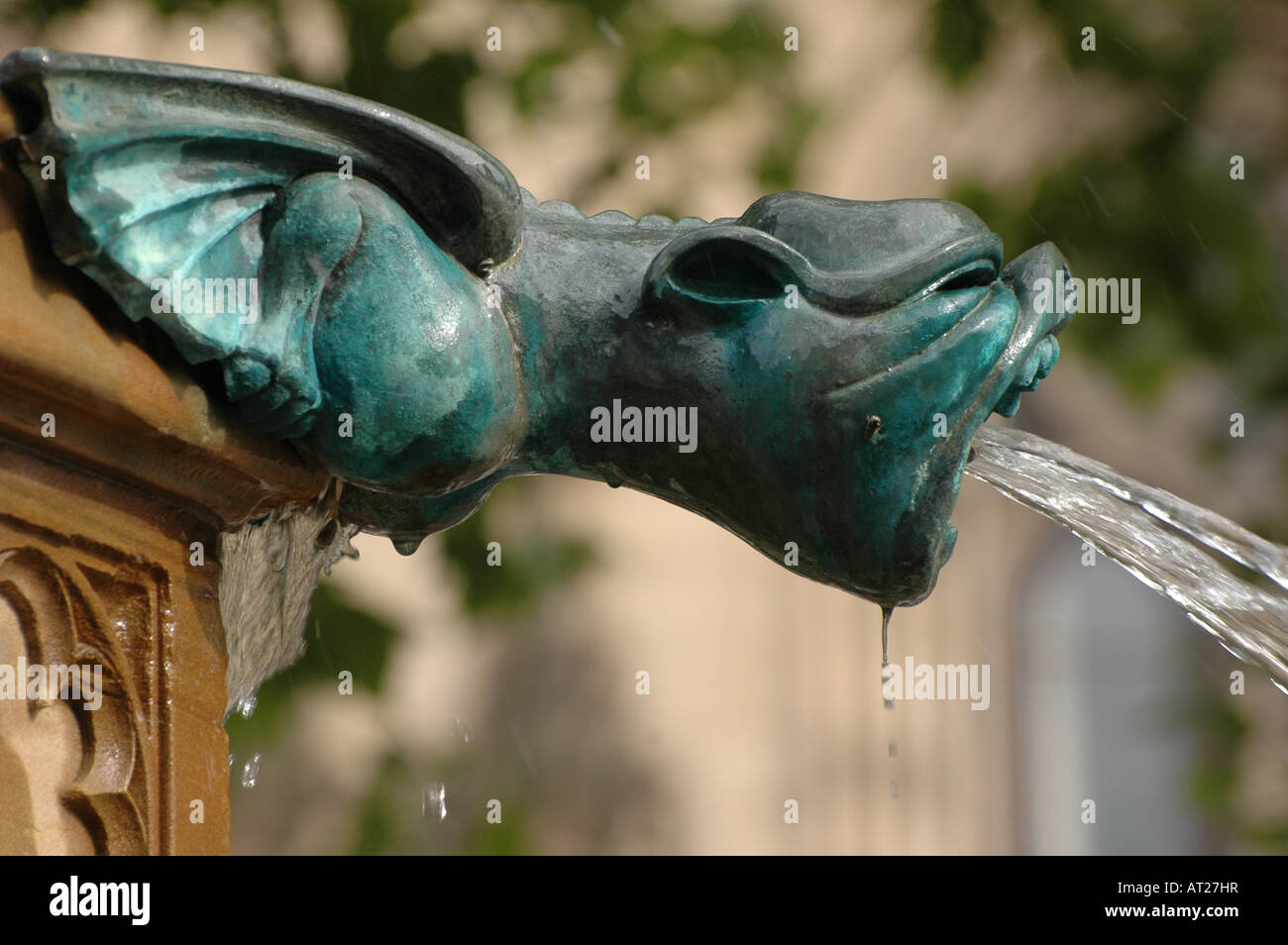 A carved stone gargoyle, spouting water on a hot summer day Stock Photo ...