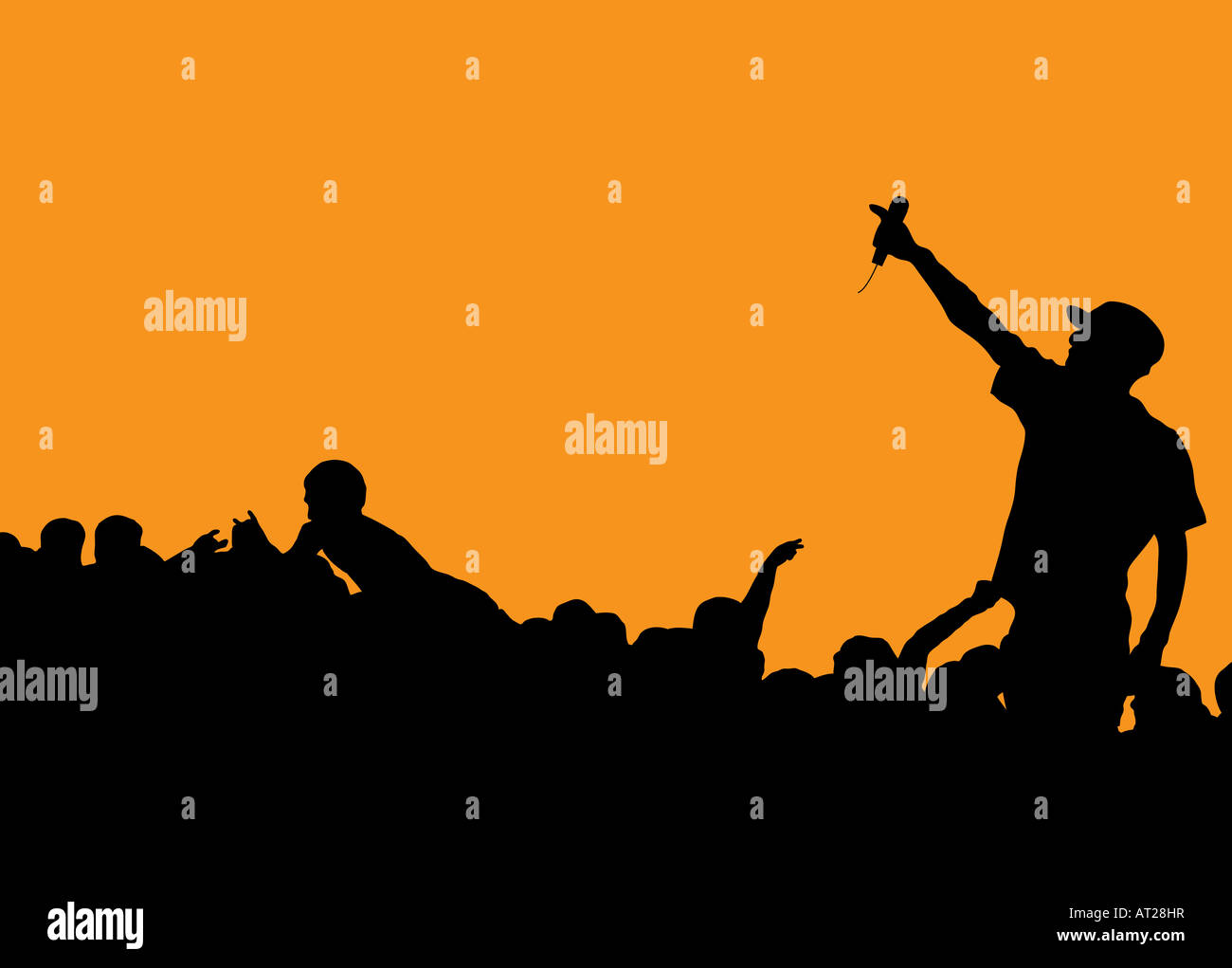 Rock concert with singer talking to the crowd on an orange background ...