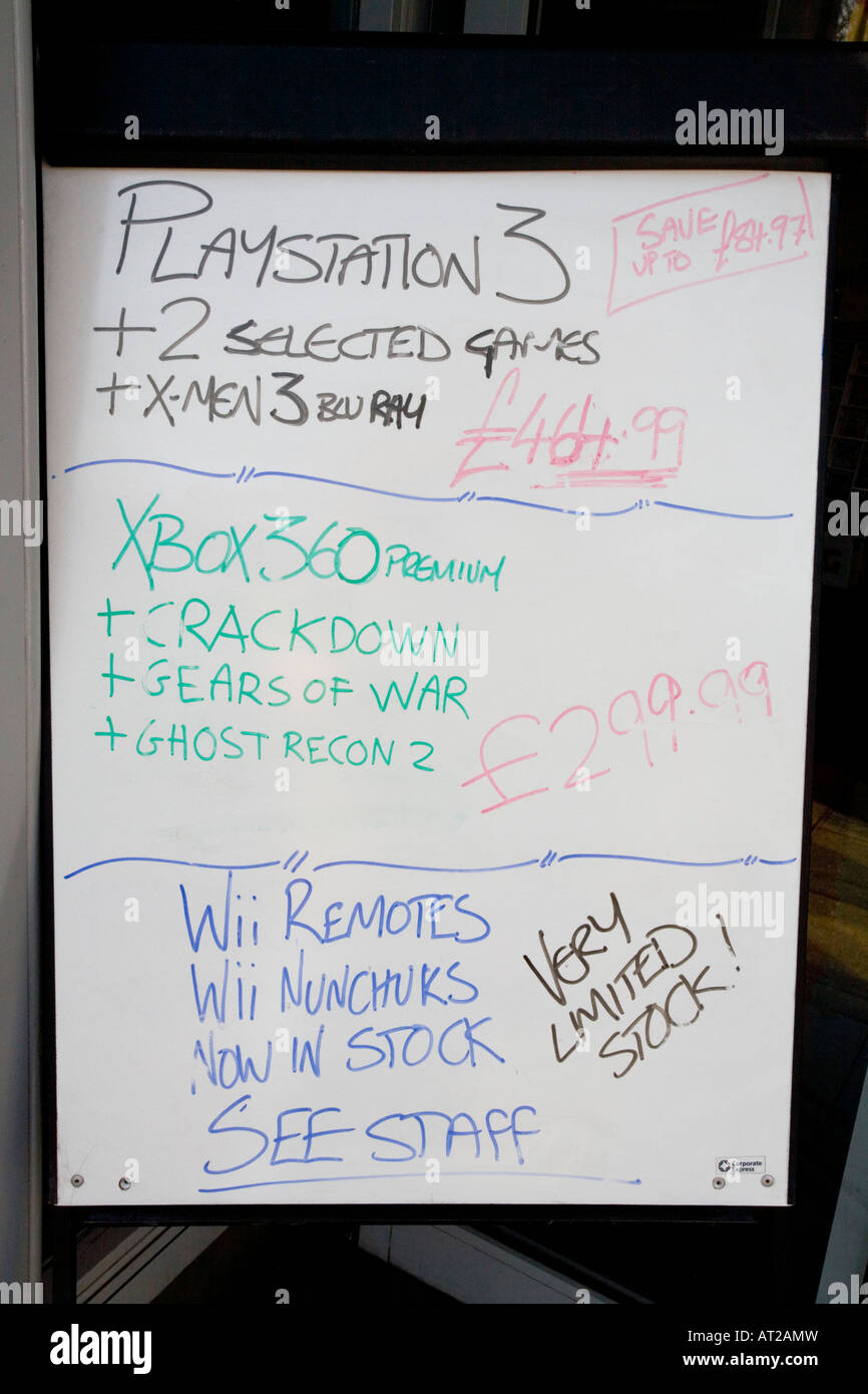 Playstation 3 and Xbox prices on a video game shop sign in 2006 Stock ...