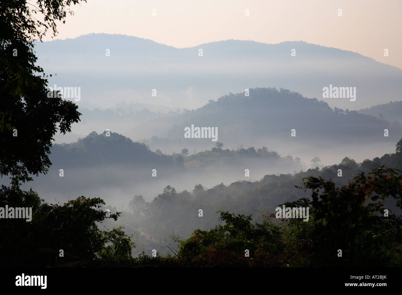 Thailand Mae Hong Son Province mountain landscape scenery morning mist ...