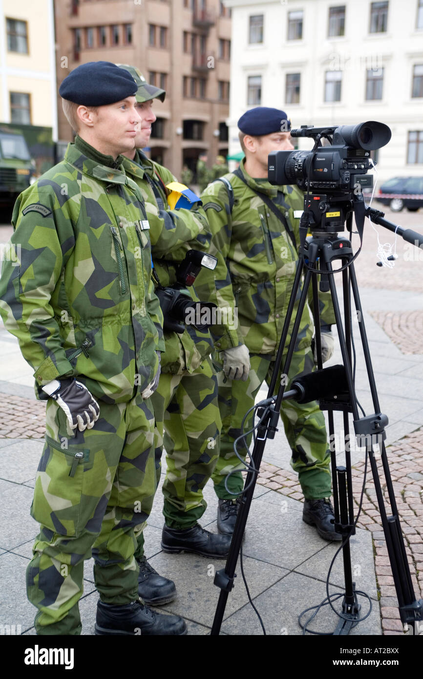 Military TV broadcasting team of Swedish Home Guard Unit recording ...