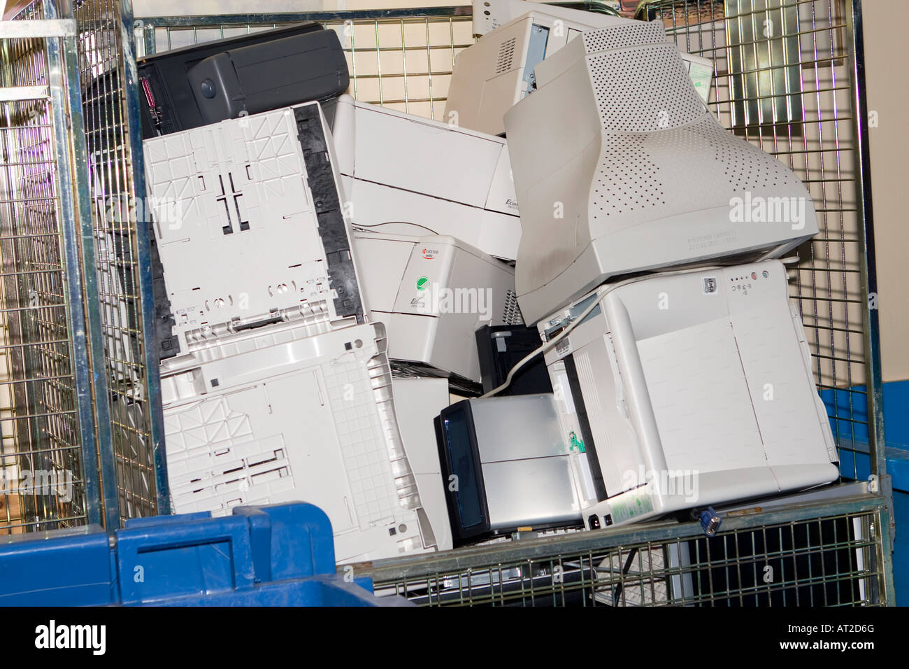Containers full of old computer recycled for plastic and metal parts in ...