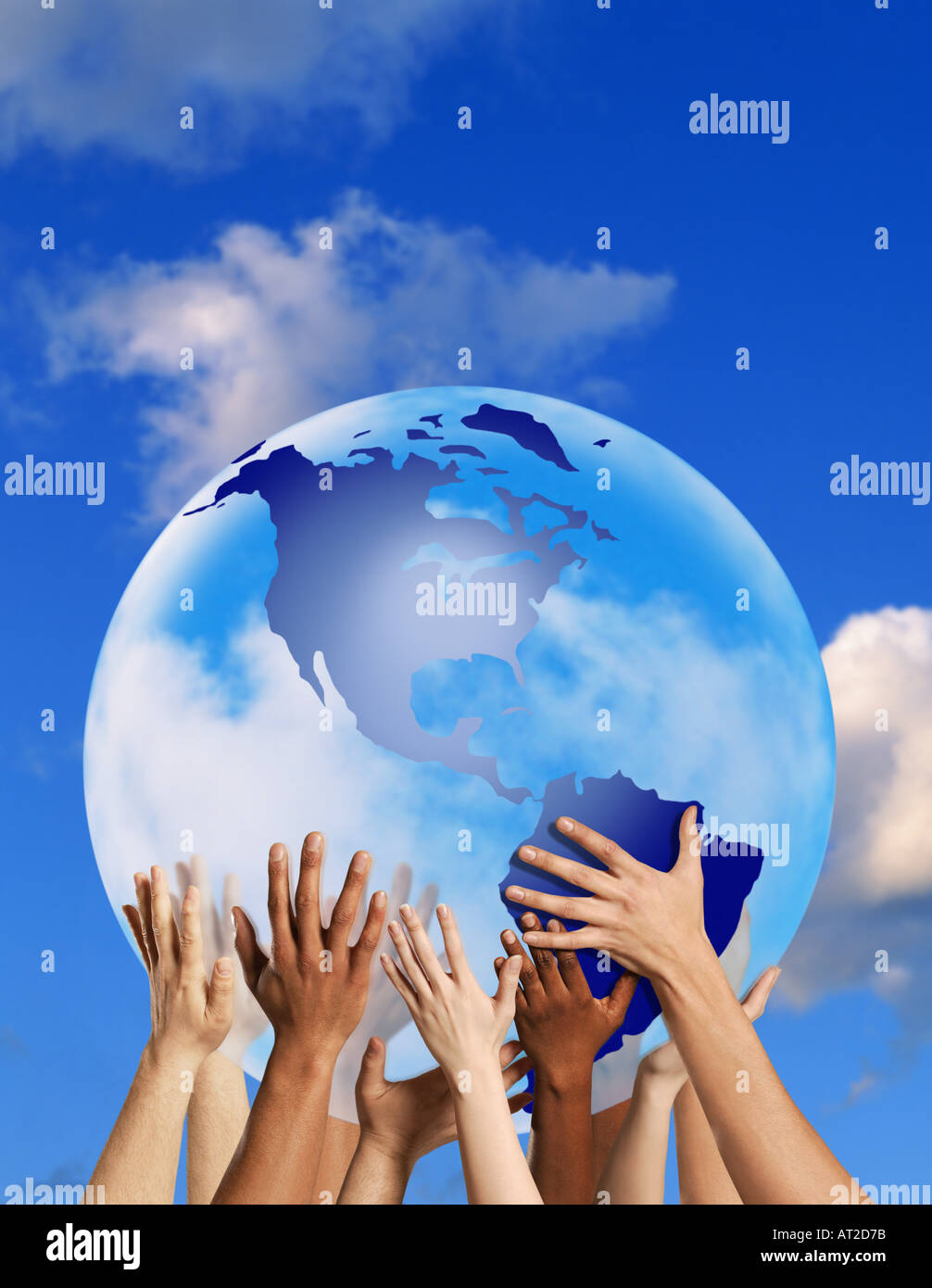 Hands touching a globe Stock Photo - Alamy
